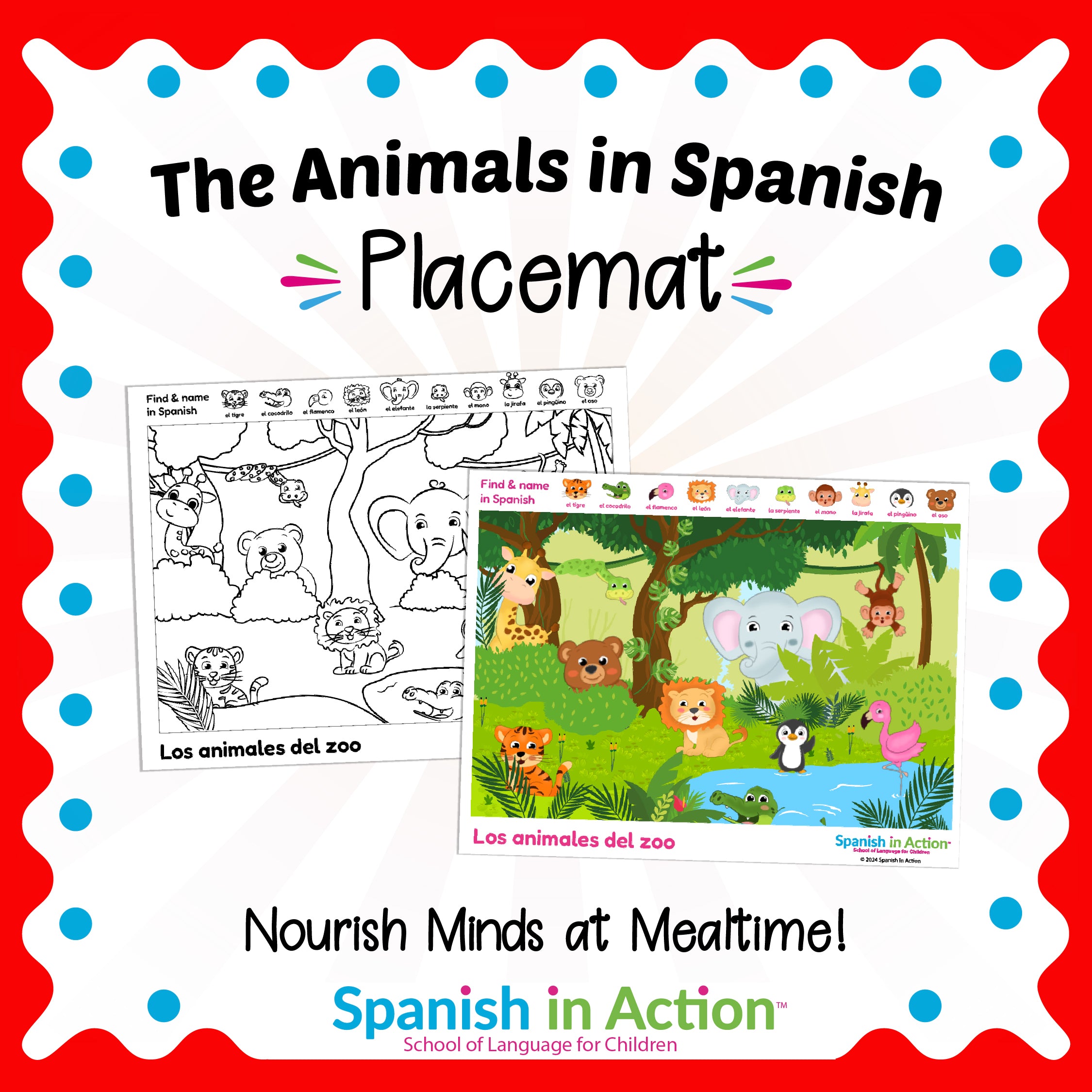 The Zoo Animals (Los Animales) Placemat in Spanish for Kids – Spanish ...