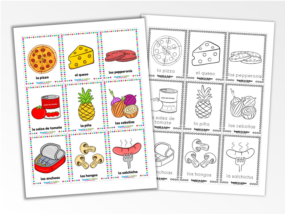 The Pizza Toppings (El Baile de la Pizza) Flashcards in Spanish for Ki ...